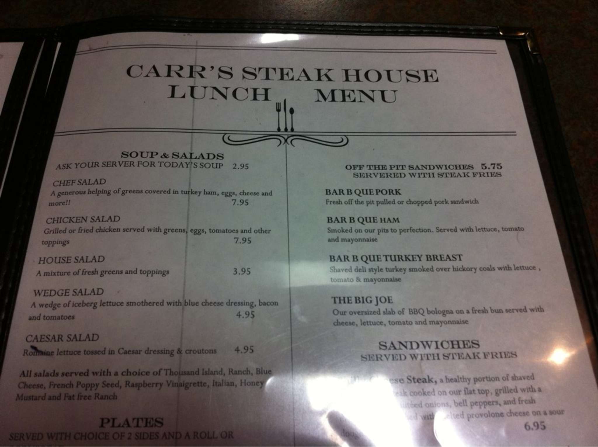 Menu at Carr's Barn, Mayfield