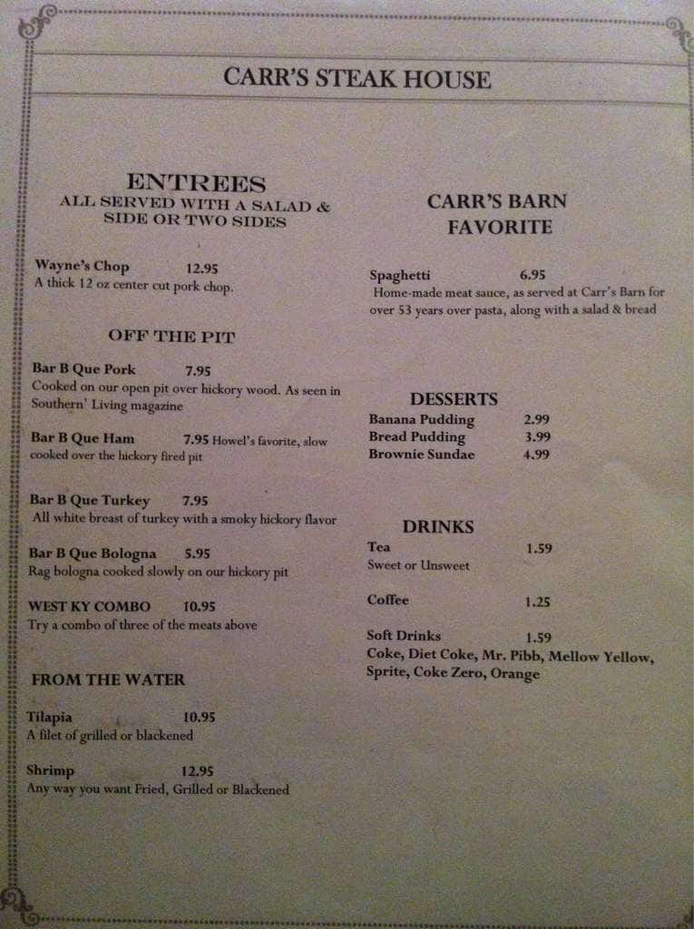 Menu at Carr's Barn, Mayfield