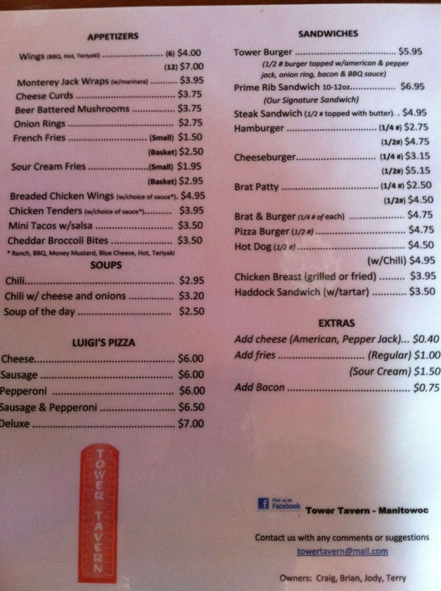 Menu at Tower Tavern pub & bar, Manitowoc