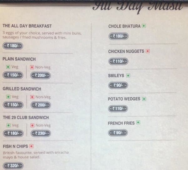 Twenty Nine All Day Dining Menu - Zomato