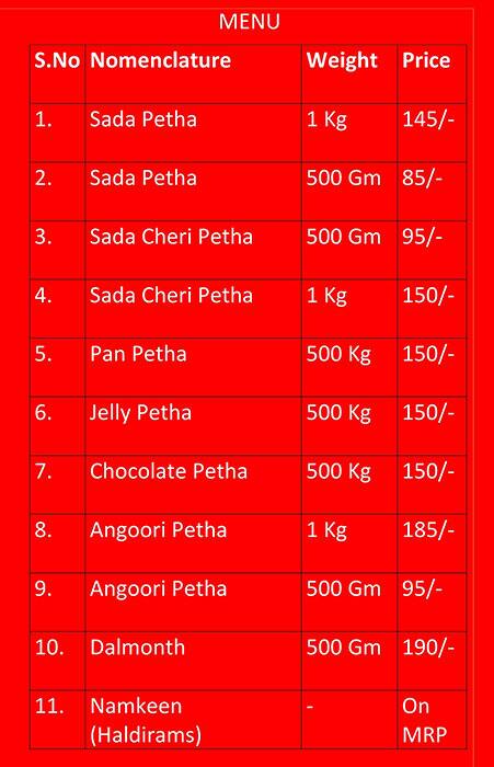 Menu of Bhog Braj Ka, Race Course, New Delhi