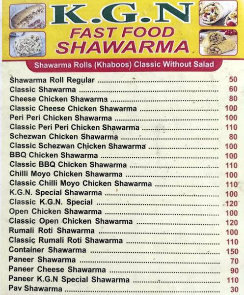 Menu of KGN Fast Food, Jogeshwari, Mumbai