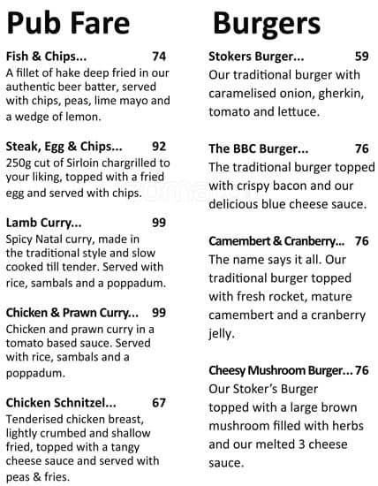 Menu at Stokers Arms pub & bar, Waterfall, 68 Old Main Road