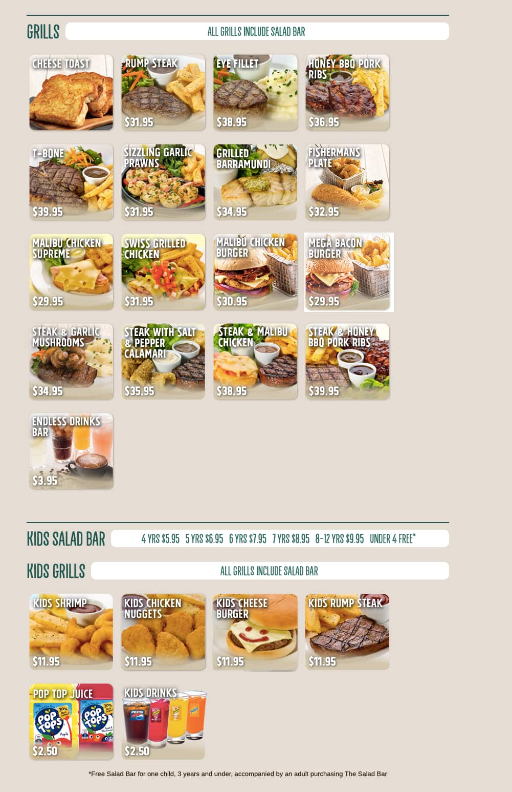 Menu at Sizzler restaurant, Campbelltown