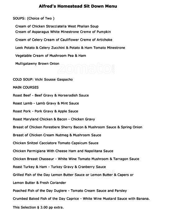 Menu at Alfred's Homestead steakhouse, Warrandyte South, 420 Ringwood ...