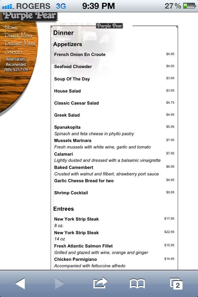 Menu at The Purple Pear steakhouse, Hamilton