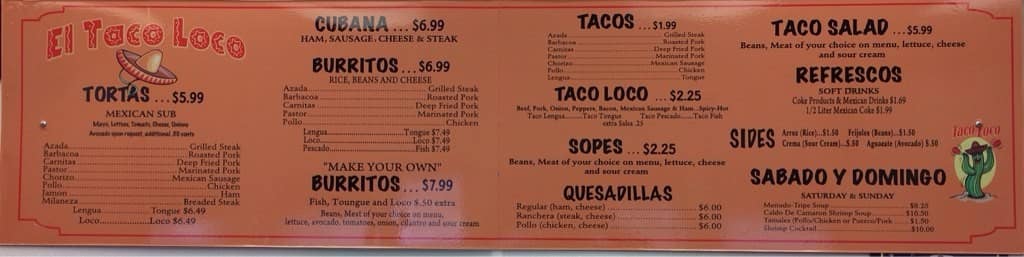 Menu at Taco Loco restaurant, New Bern, Dr. M.L.K. Jr Blvd