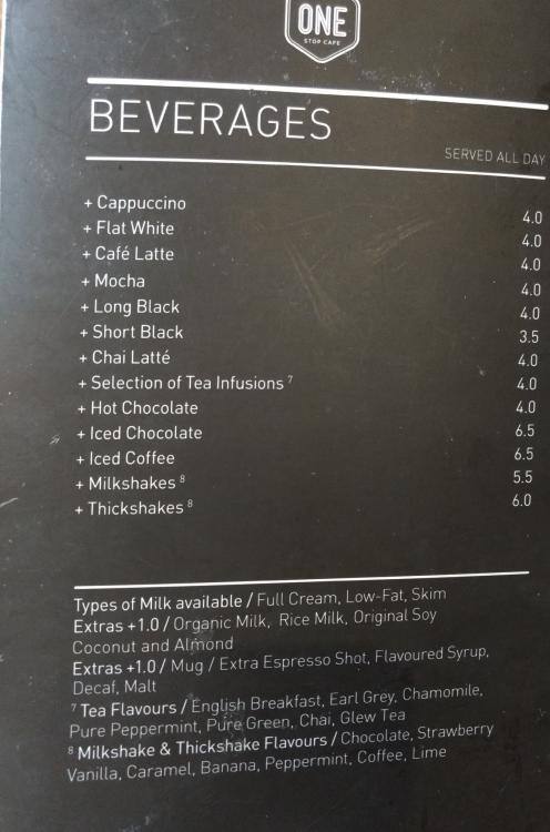 Menu at one stop cafe, Cleveland