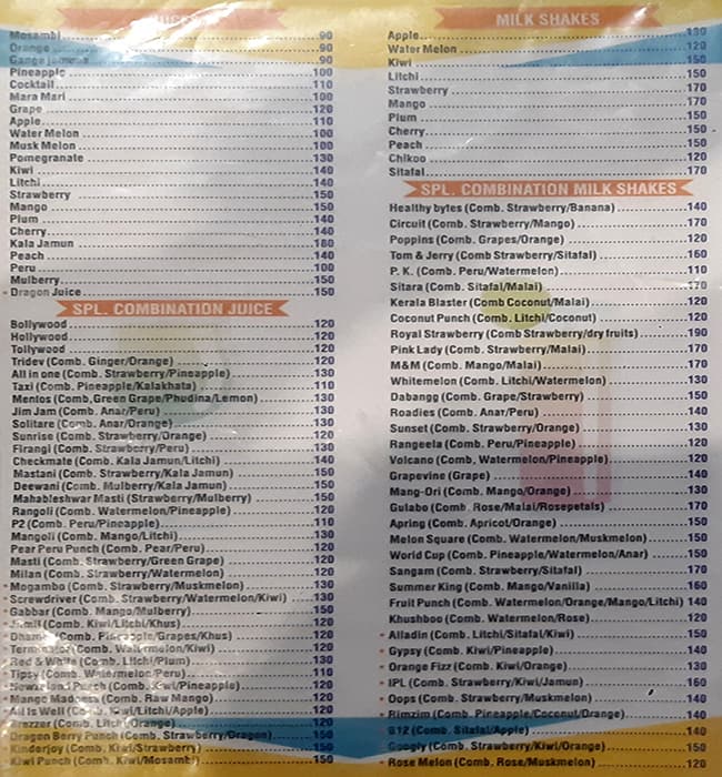 Menu of Juice Time, Girgaum, Mumbai