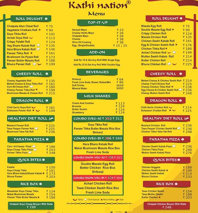 Menu of Kathi Nation, Sector 65, Noida