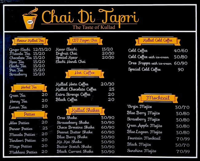 Menu of Chai Di Tapri, Jagatpura, Jaipur