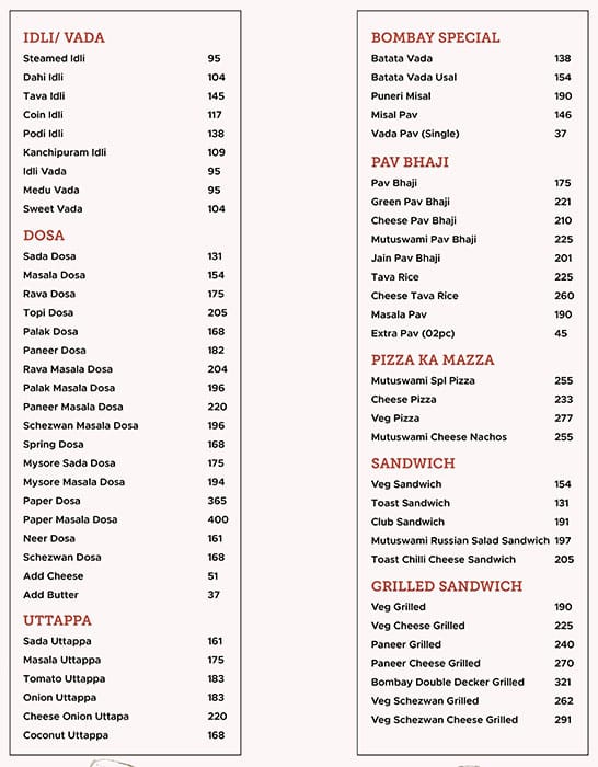 Menu of Mutuswami, Khar, Mumbai