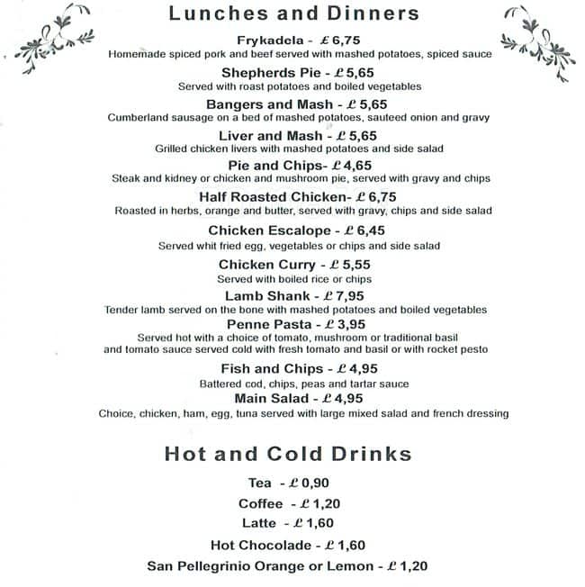 Menu at Tad's Cafe, London