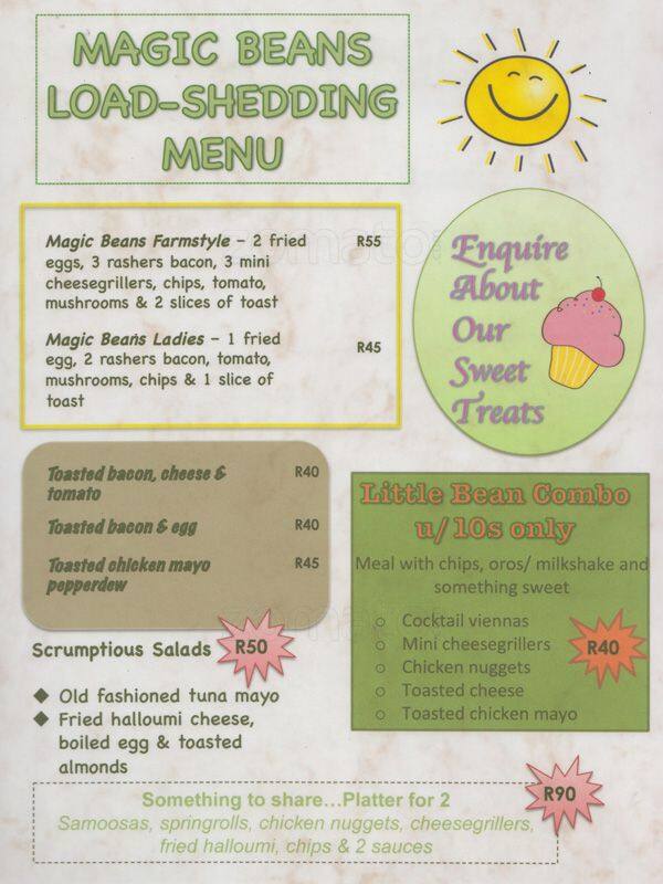 Menu at Magic Beans Playground & Cafe, South Africa