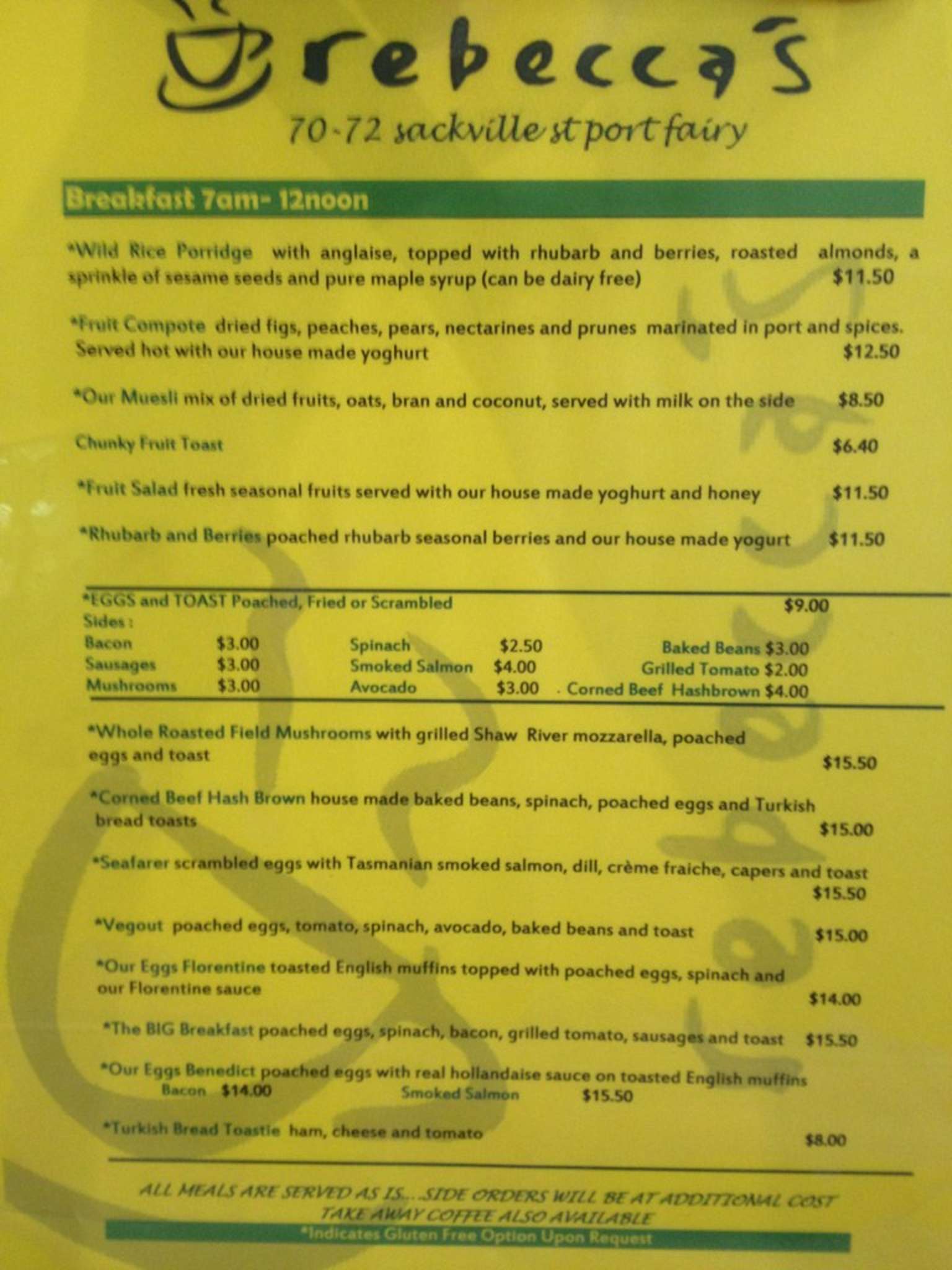 Menu at Rebecca’s Café cafe, Port Fairy