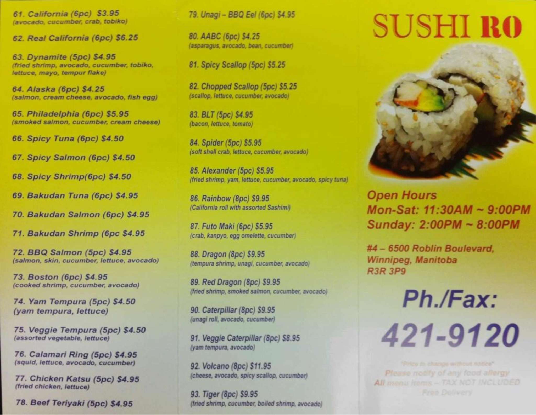 Menu at Sushi Ro restaurant, Winnipeg