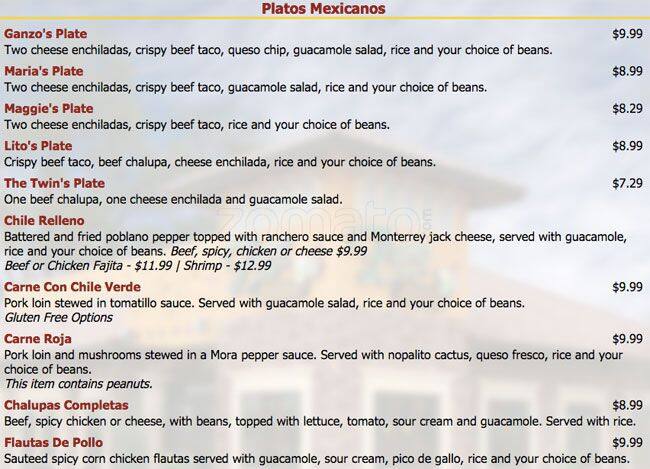 Menu at Las Flores restaurant, Cedar Creek