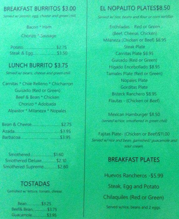 Menu at El Nopalito Mexican Food restaurant, Denver