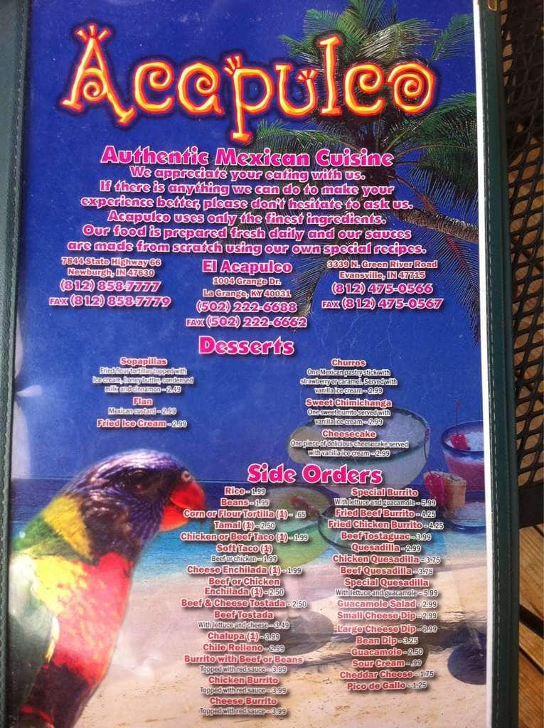 Menu at El Acapulco steakhouse, La Grange