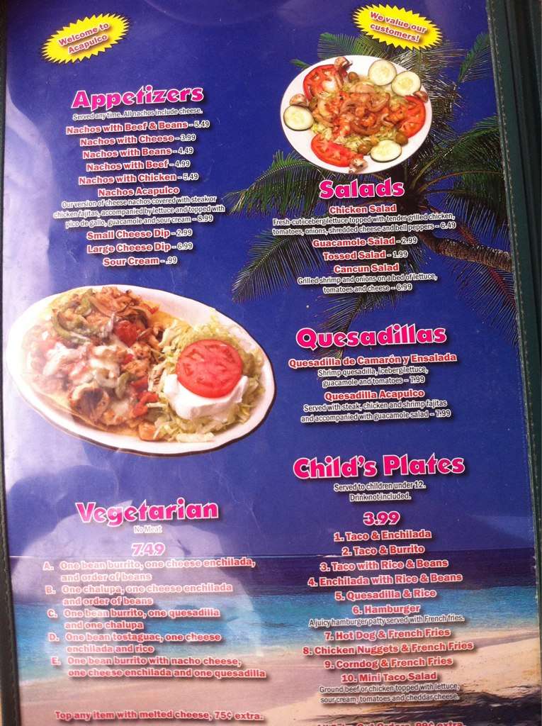 Menu at El Acapulco steakhouse, La Grange