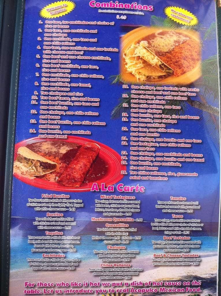 Menu at El Acapulco steakhouse, La Grange