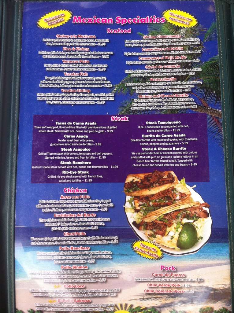 Menu at El Acapulco steakhouse, La Grange