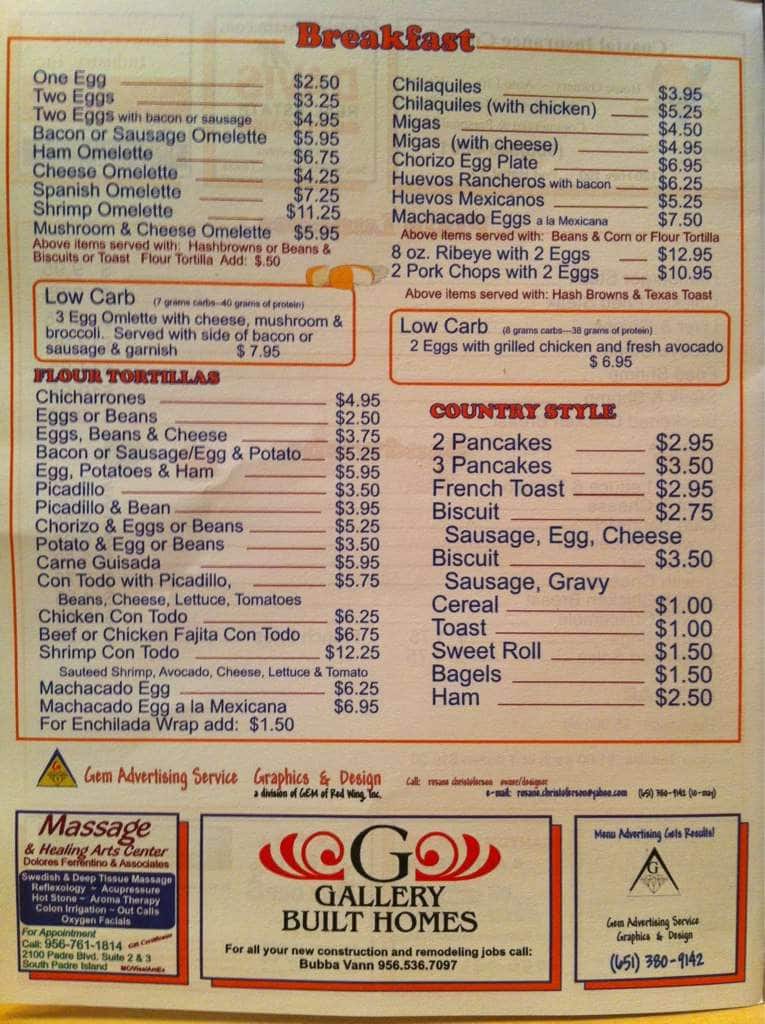 Menu at Manuel's restaurant, Port Isabel