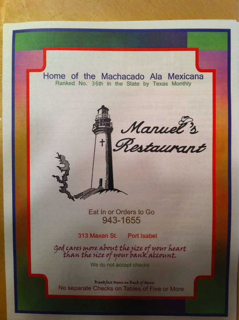 Menu at Manuel's restaurant, Port Isabel
