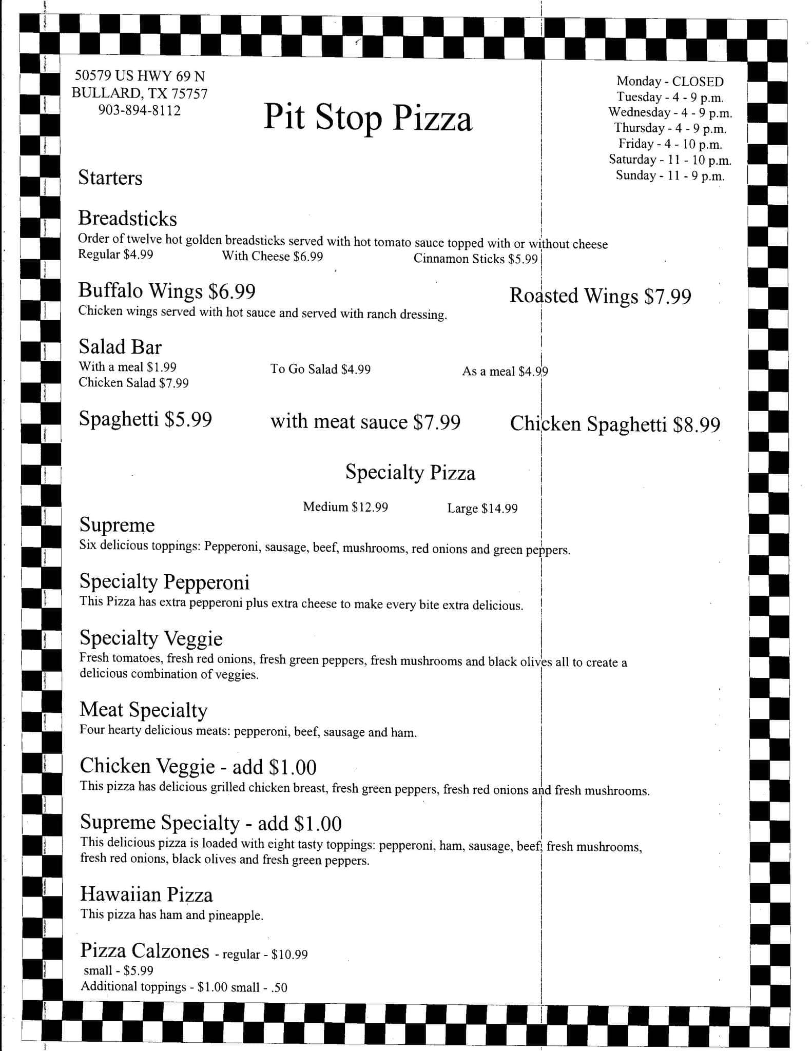 Menu at Pit Stop Pizza pizzeria, Bullard, US-69