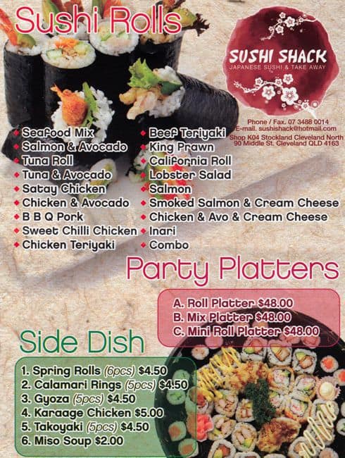 Menu at Sushi Shack fast food, Cleveland