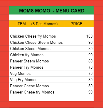 Menu of Moms Momo, BTM, Bangalore