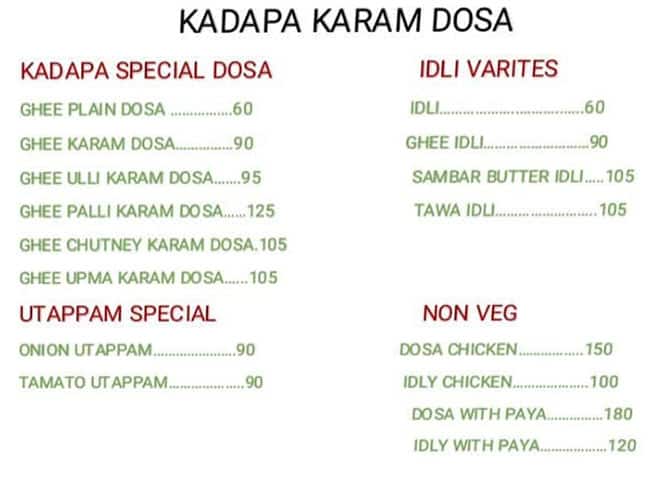 Menu at Kadapa Karam Dosa, Hyderabad, Prime Hitex