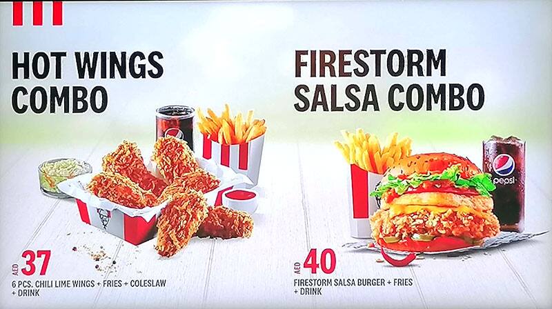 Menu of KFC, Baniyas, Abu Dhabi