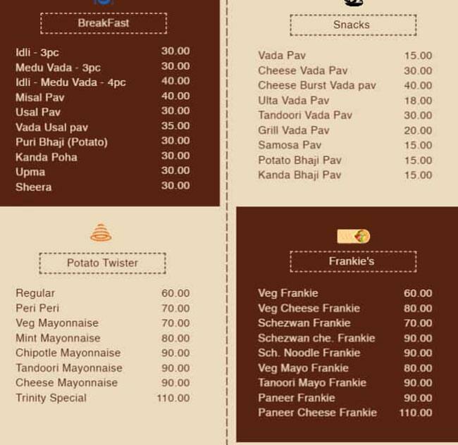 Menu of Trinity Snacks And Farsan, Vasai, Mumbai
