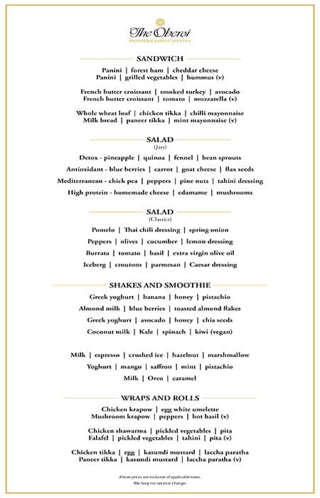 Menu at The Oberoi, Gurgaon, Gurugram