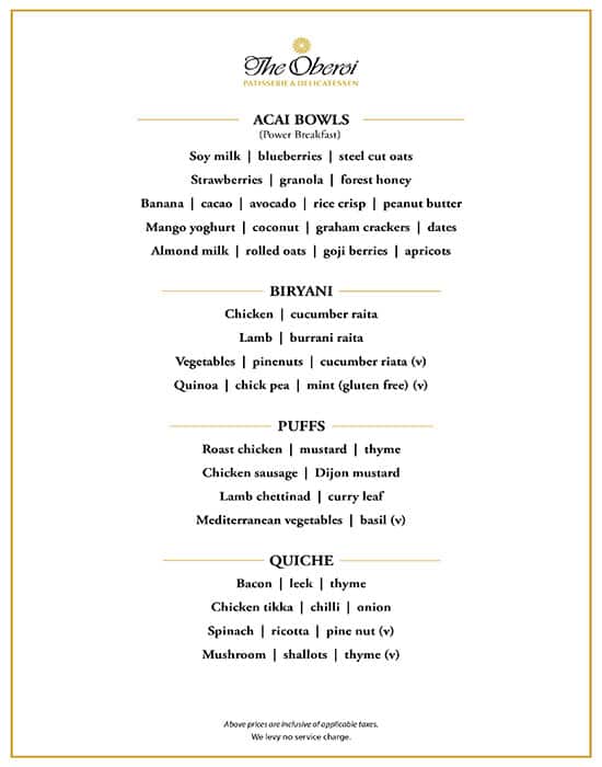Menu at The Oberoi, Gurgaon, Gurugram
