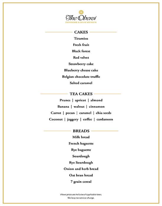 Menu at The Oberoi, Gurgaon, Gurugram