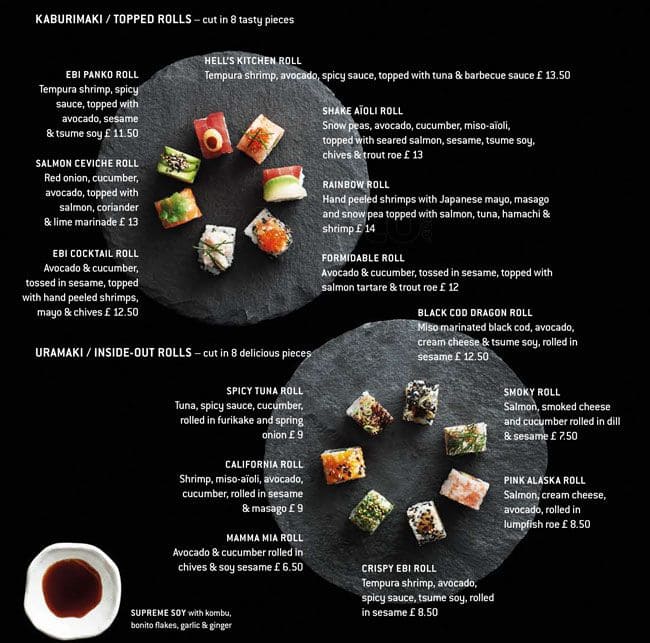 Menu at Sticks'n'Sushi Canary Wharf restaurant, London