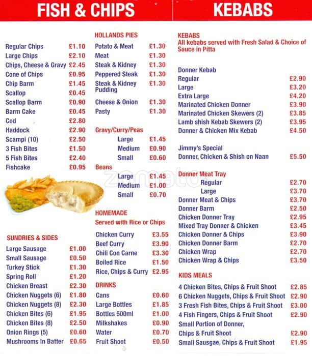 Menu at Eccles Fish Bar, Manchester