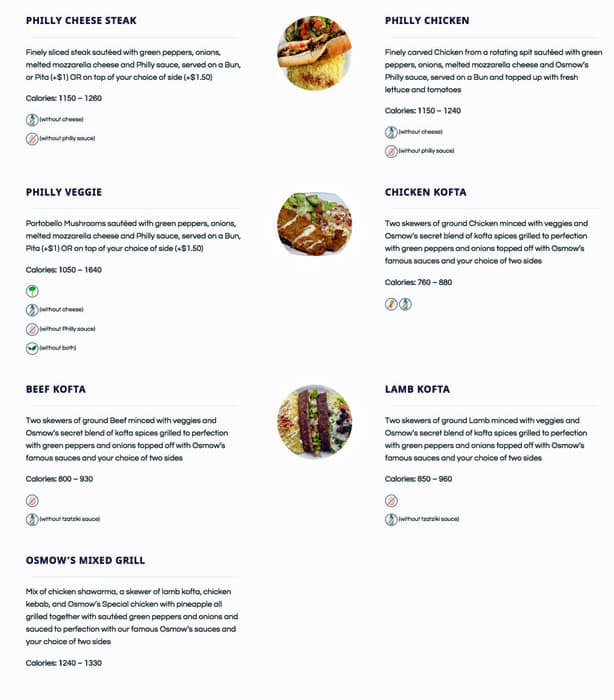 Menu at Osmow's restaurant, Milton