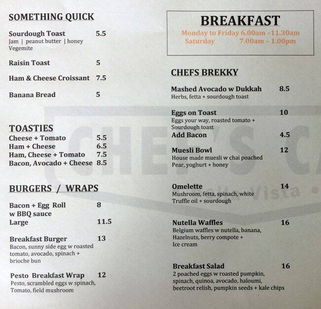 Chef's Cafe Menu, Menu for Chef's Cafe, Bella Vista, Sydney ...
