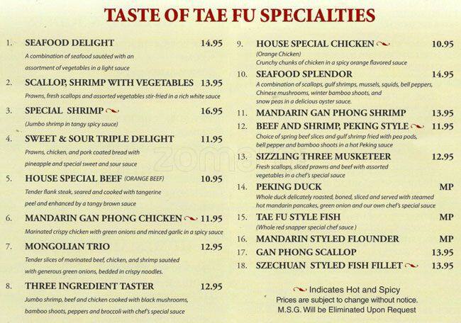 Menu at Tae Fu Chinese Mandarin Restaurant, Villa Park