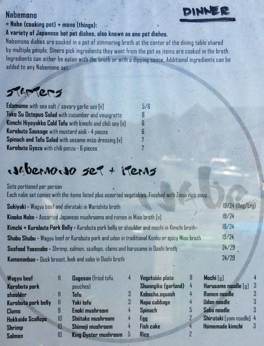Menu at Nabe restaurant, San Francisco, 9th Ave