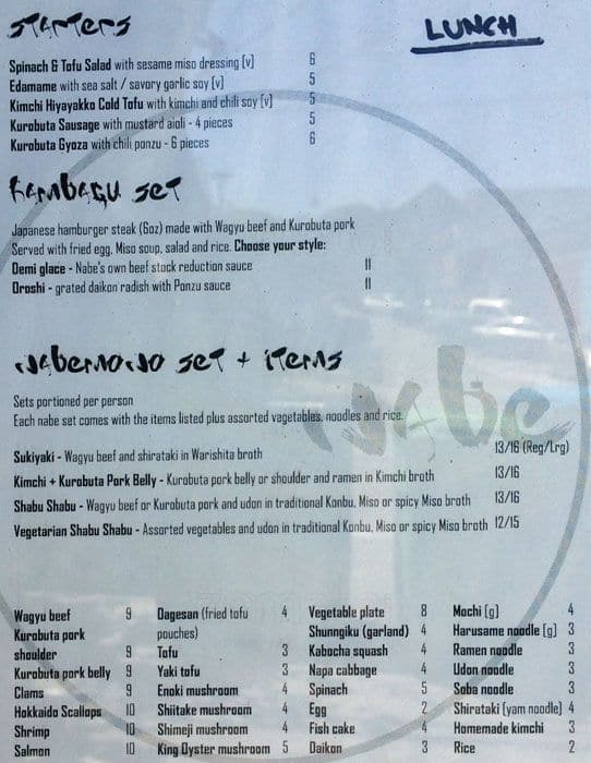 Menu at Nabe restaurant, San Francisco, 9th Ave