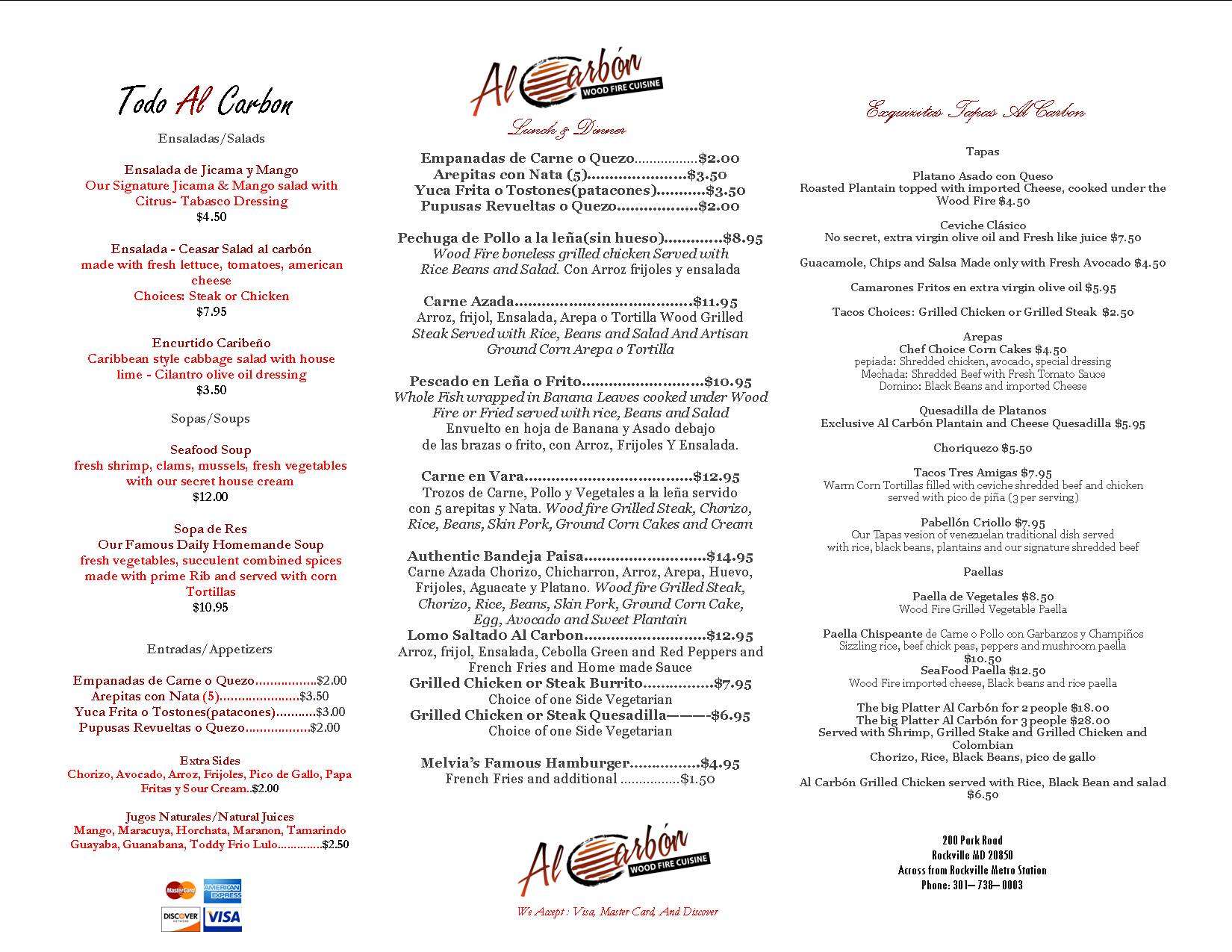 Menu at Al Carbon Restaurant, Rockville