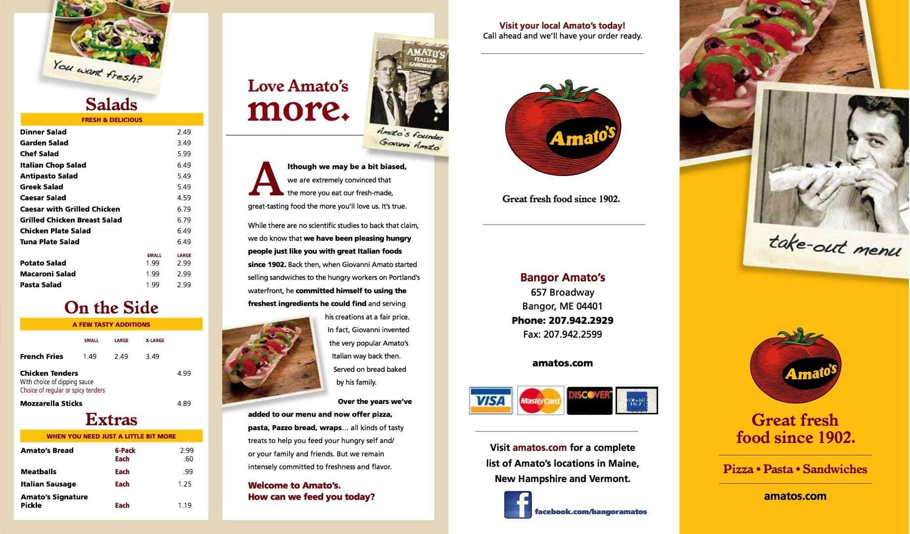 Menu at Amato's pizzeria, Bangor