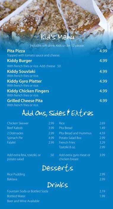 Menu at The Hungry Greek restaurant, Hot Springs