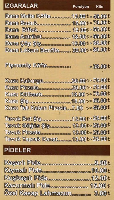 Menu at Malta Et, Istanbul