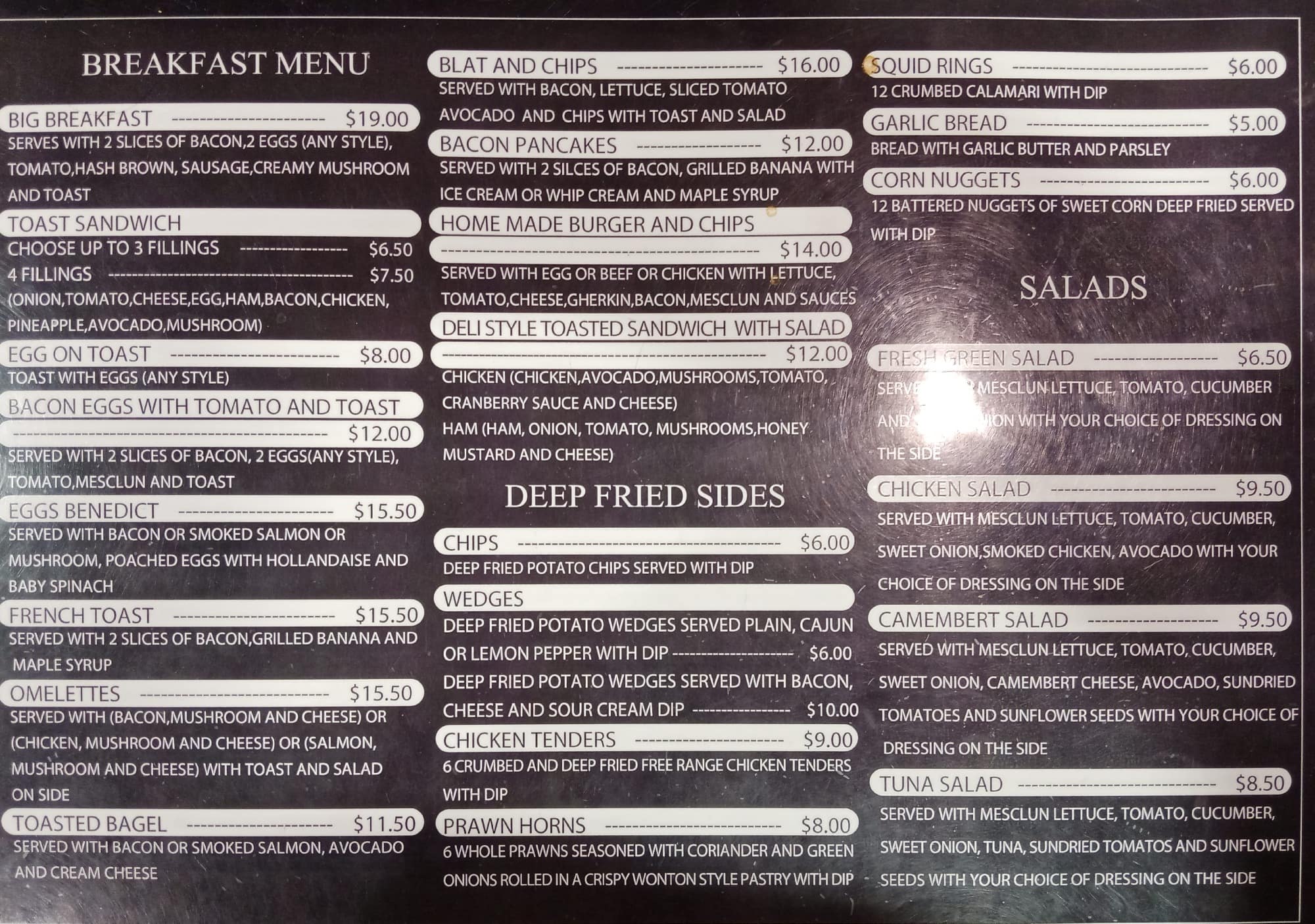 Menu at Espresso Express cafe, Auckland
