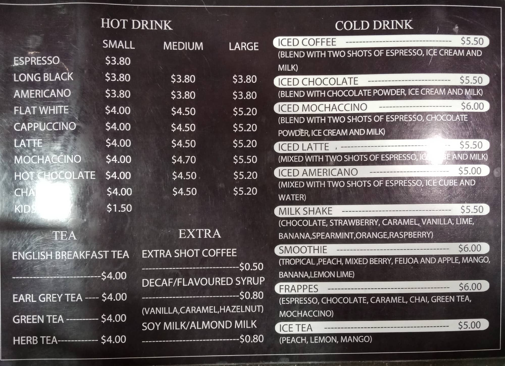 Menu at Espresso Express cafe, Auckland